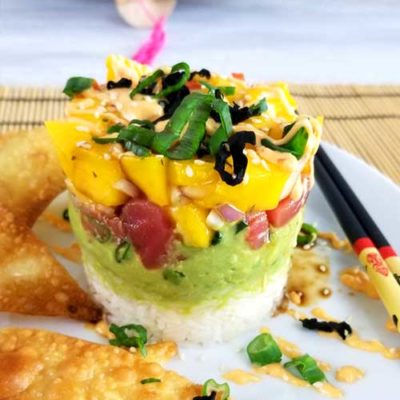 Spicy Tuna Sushi Stack with Wonton Crisps - Sparkles of Yum